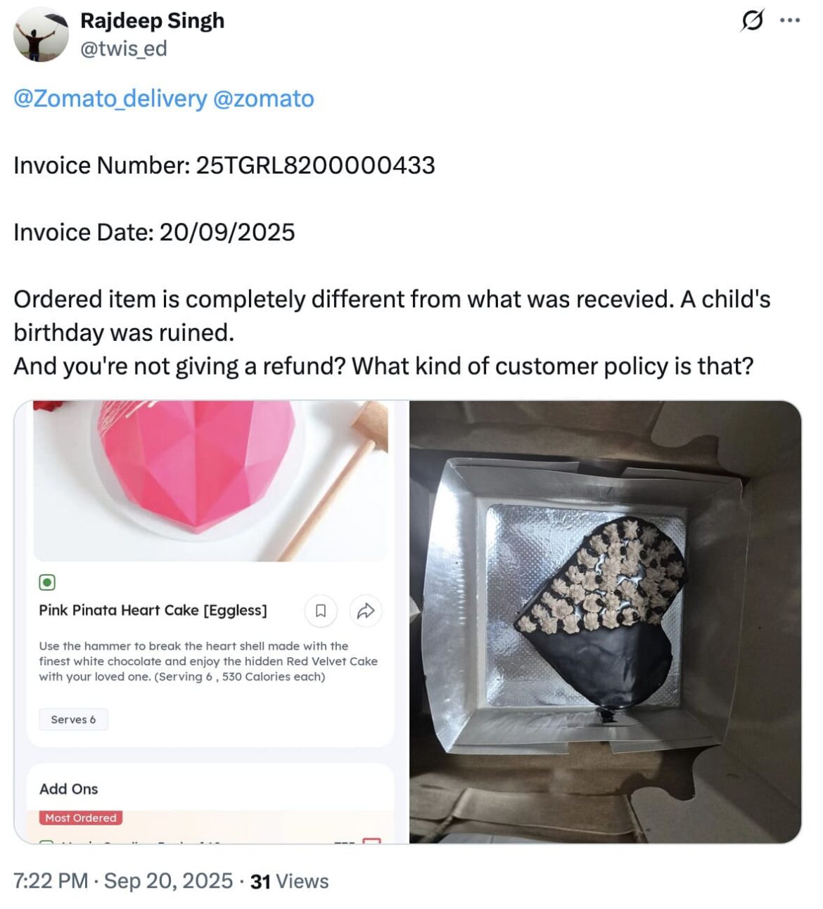 Zomato Responds After Customer Receives A Completely Different Cake ...
