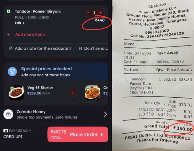 Zomato Responds After Customer Spots ₹140 Price Difference Between App ...